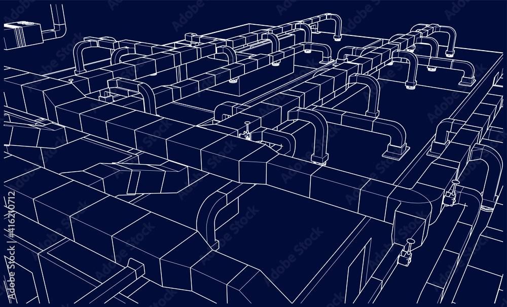 architectural illustration blueprint of HVAC ductwork system in BIM ...