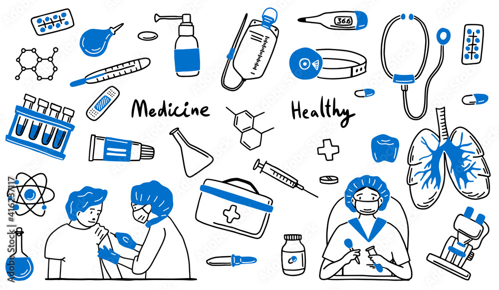Medicine and health care outline drawings set. Drugs, pills, pharmacy ...
