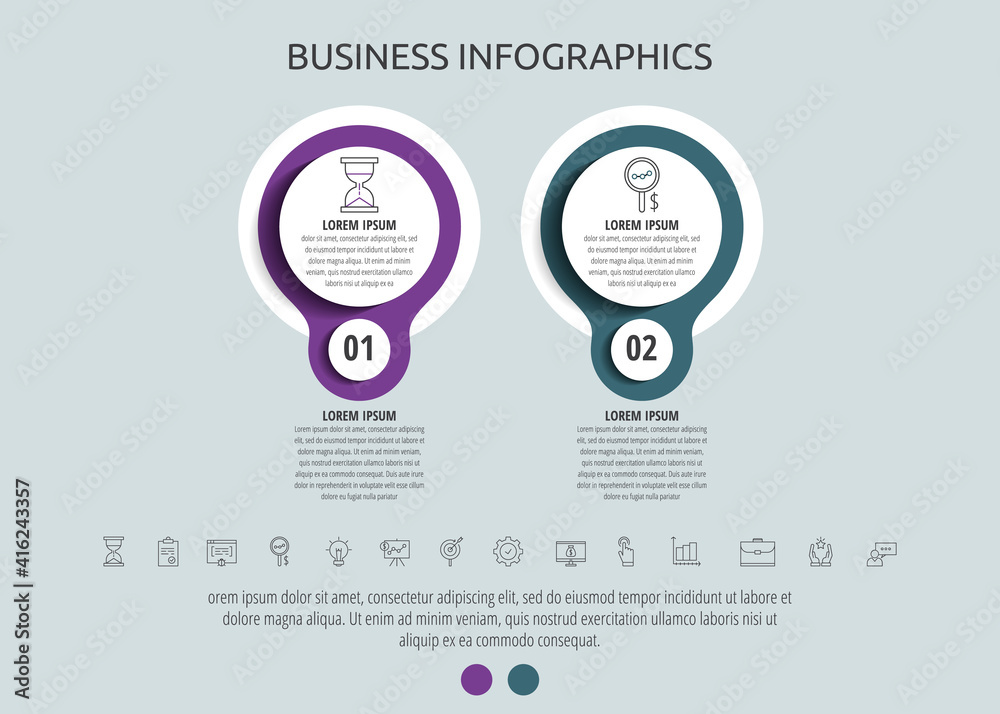 Circles vector line infographic with 2 step, icons. Timeline used for ...