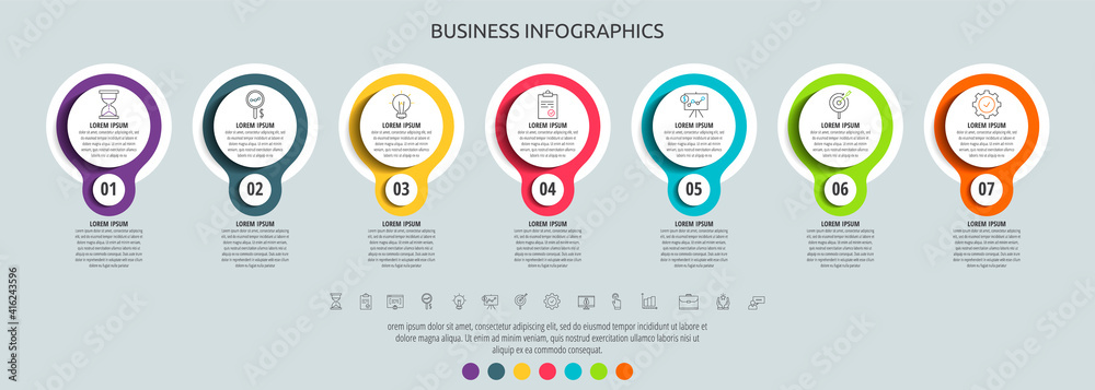 Circles vector line infographic with 7 step, icons. Timeline used for ...