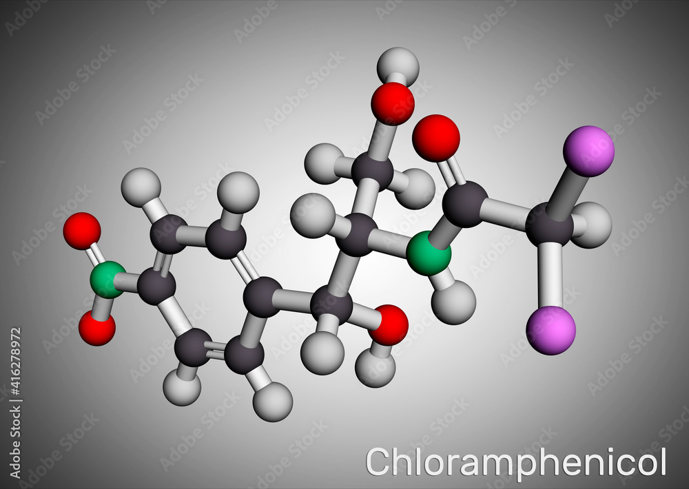 Chloramphenicol molecule. It is bacteriostatic broad-spectrum ...