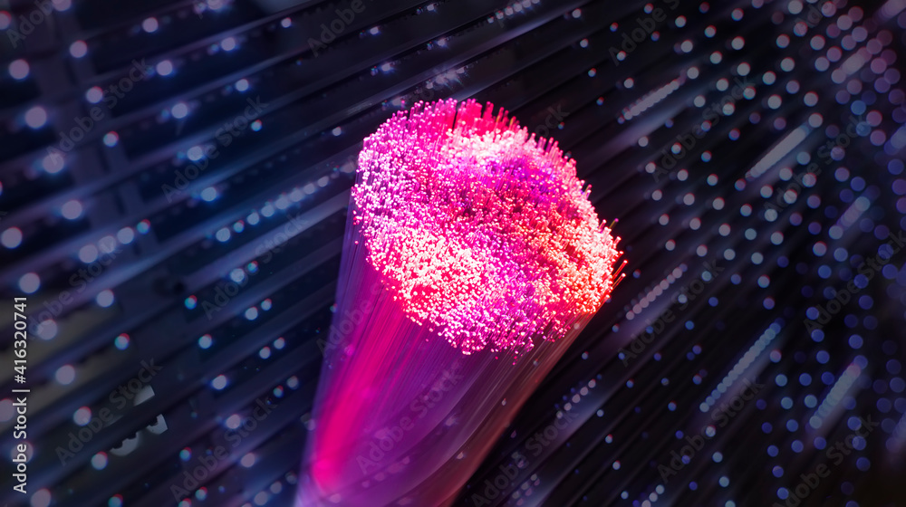 optical fibres dinamic flying from deep on technology background の ...