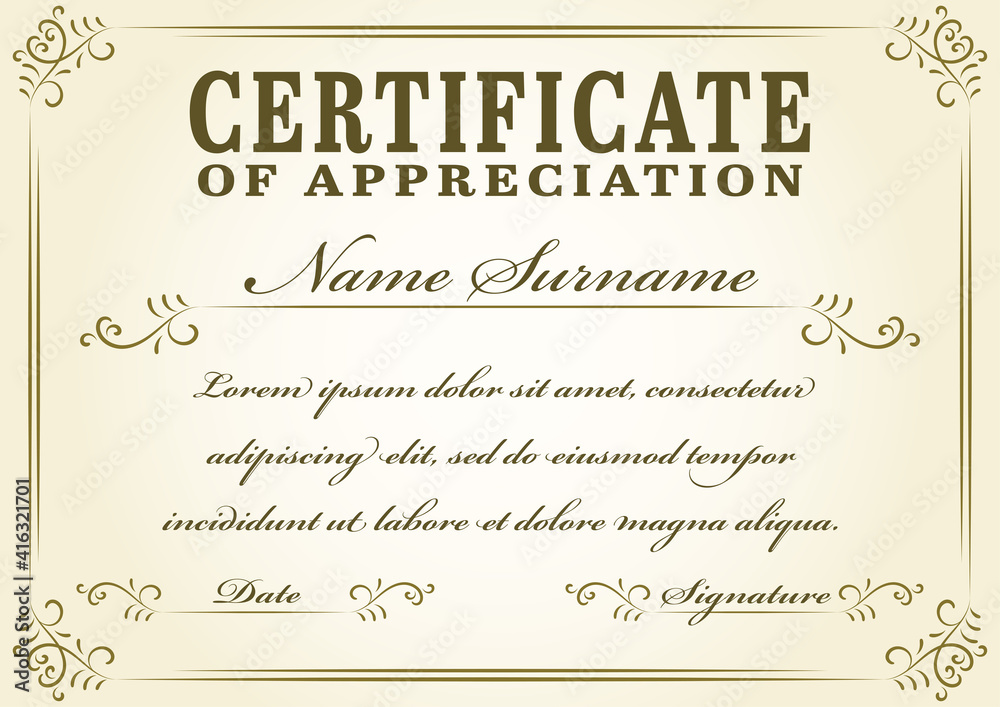 A4 sized certificate of appreciation vector design with vintage frame ...