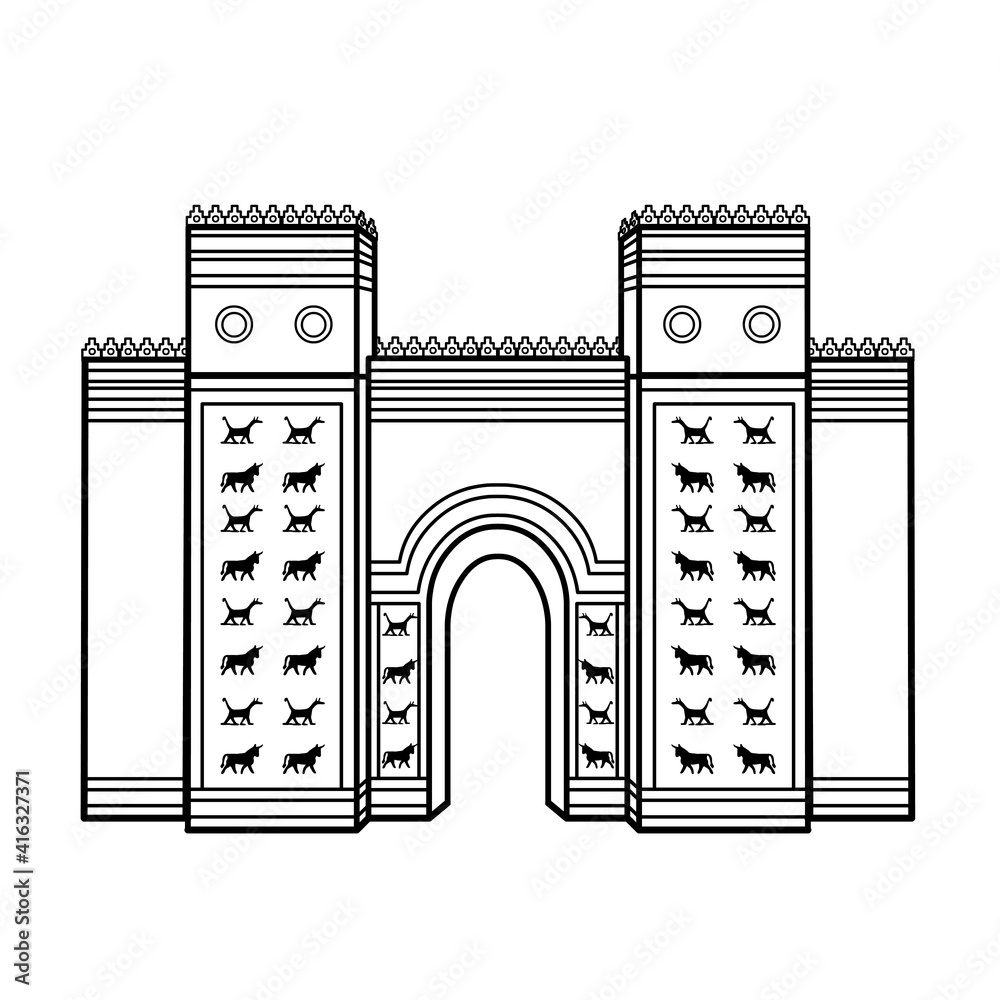 Cartoon linear drawing: Ishtar Gate. Ancient sacred temple. Symbols of ...