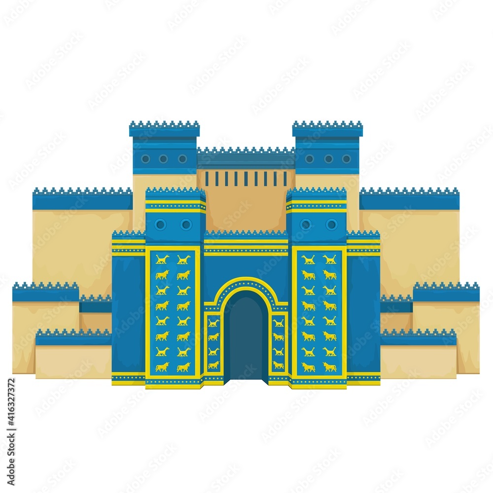 Cartoon color drawing: Ishtar Gate. Ancient sacred temple. Symbols of ...