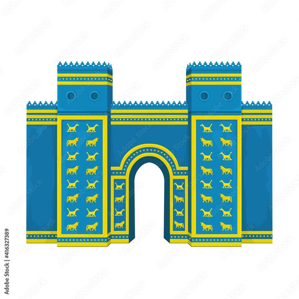 Cartoon color drawing: Ishtar Gate. Ancient sacred temple. Symbols of ...