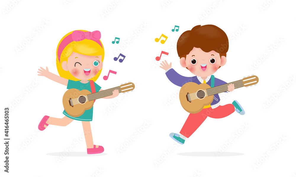 cute kids playing guitar, happy children boy and girl playing the ...