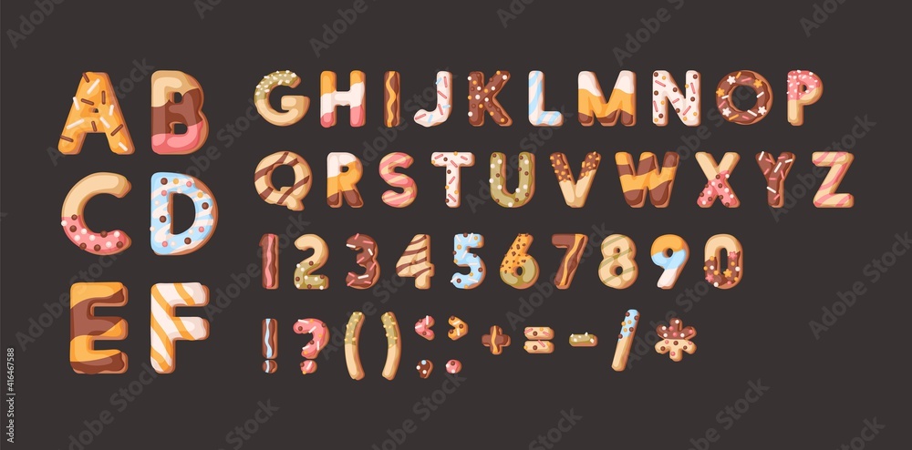 Set of isolated sweet numbers, symbols and letters of bakery alphabet ...
