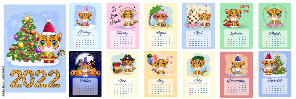 Cute Tiger Wall Calendar Template for 2022, Year of the Tiger, Chinese ...