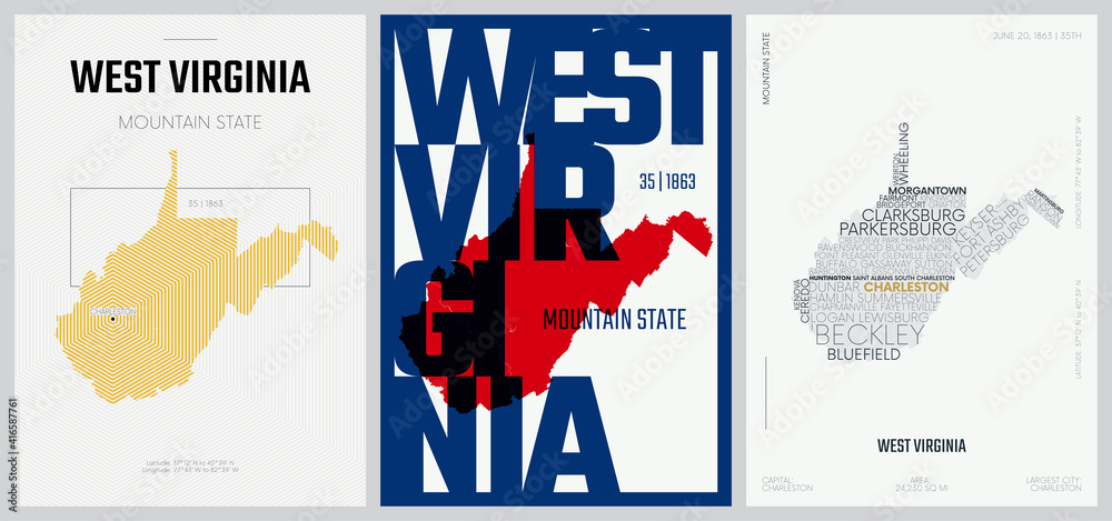 35 of 50 sets, US State Posters with name and Information in 3 Design ...