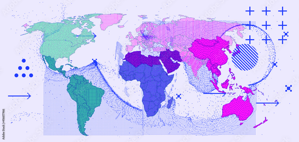 Map of the World in pixel art style. Retrofuturistic cyberpunk user ...
