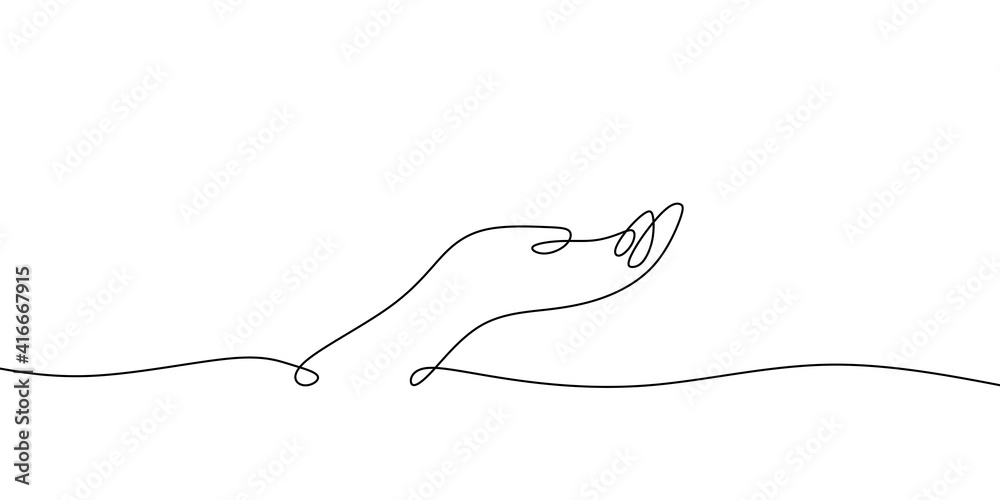 Continuous line drawing of one poor hand asking something. Isolated on ...