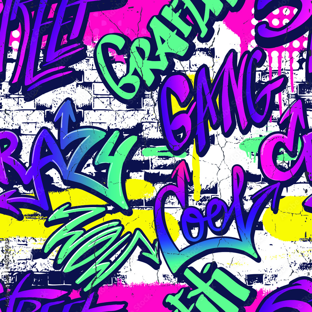Abstract bright graffiti pattern. With bricks, paint drips, words in ...