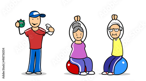 Cartoon Kursleiter mit Senioren Paar beim Turnen auf Gymnastikball ...
