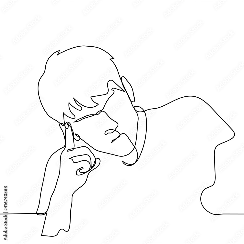 man props his temple with his index finger, he thinks intensely - one ...