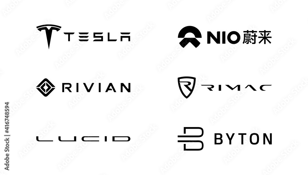 Stock Vektorgrafik Electric Car Company Logos. Collections of Vector Logos From EV Electric Vehicle Manafactures Such As Tesla Nio Rivian. Adobe Stock