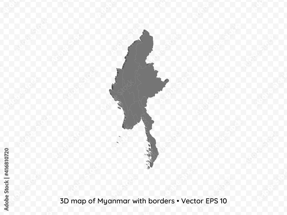 3D map of Myanmar with borders isolated on transparent background ...