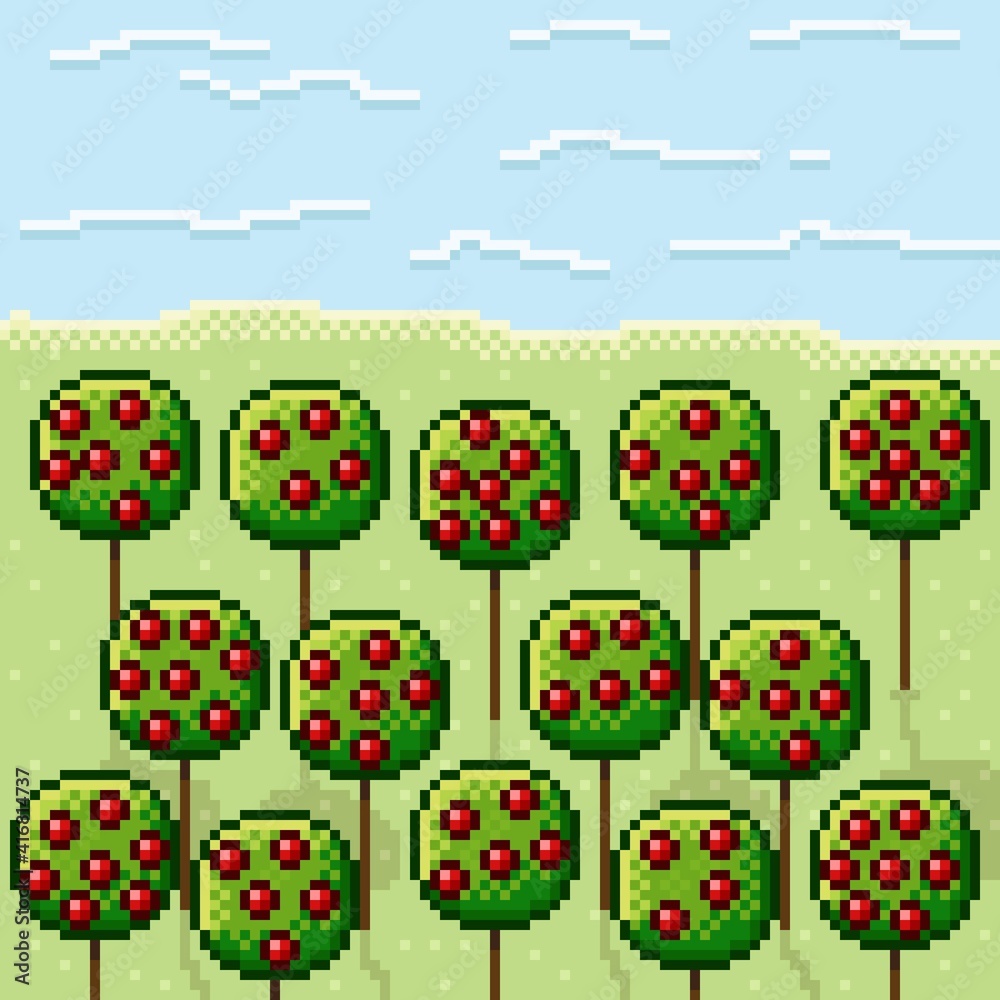 Apples garden pixel art. Orange tree pixel art. Vector picture. Stock ...