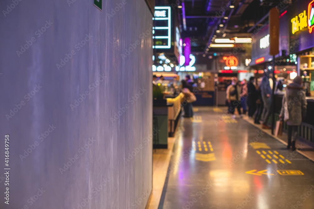 View of food court food hall interior in a big shopping mall, with ...