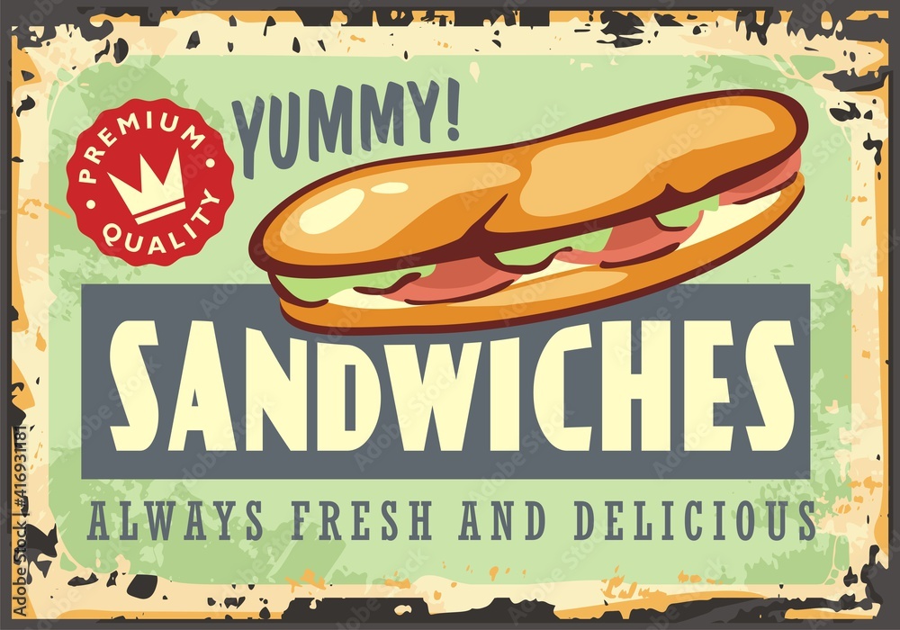 Snack bar banner sign with tuna sandwich. Chicken meat sandwiches ...