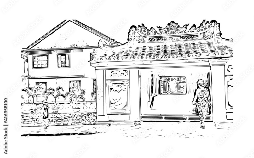 Building view with landmark of Hoi An is a city on Vietnam. Hand drawn ...