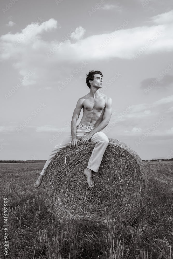 Handsome shirtless young man, with perfect muscled body, sitting on ...