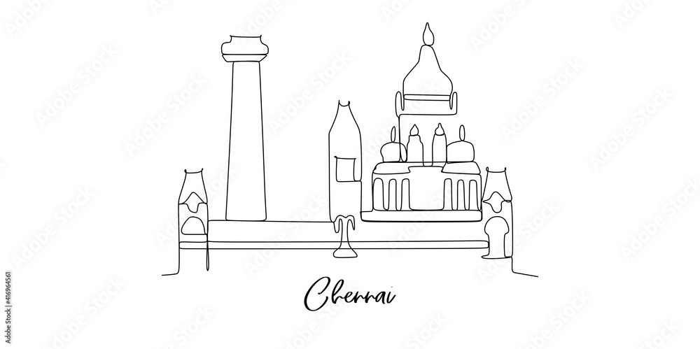 Chennai city in India landmarks skyline - Continuous one line drawing ...