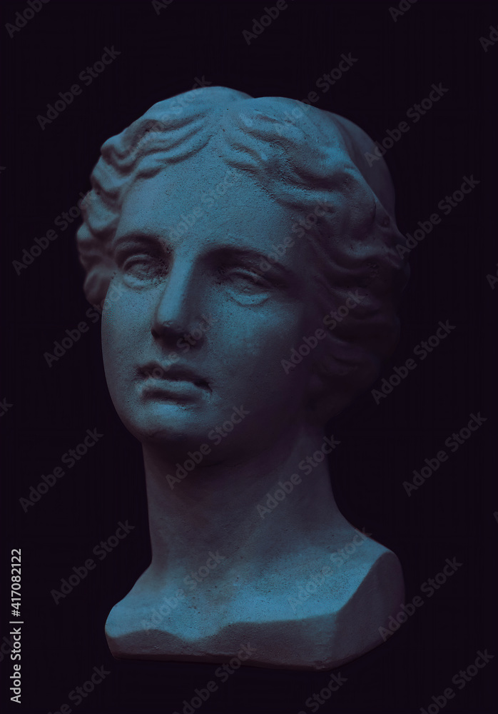 Gypsum copy of ancient statue Venus head on black background. Plaster ...
