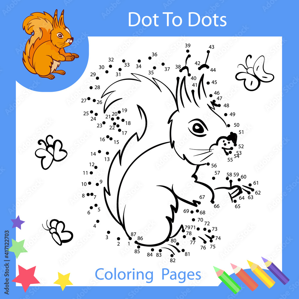 Worksheets dot to dots with cartoon cute squirrel. Children funny drawn riddle. Coloring page ...