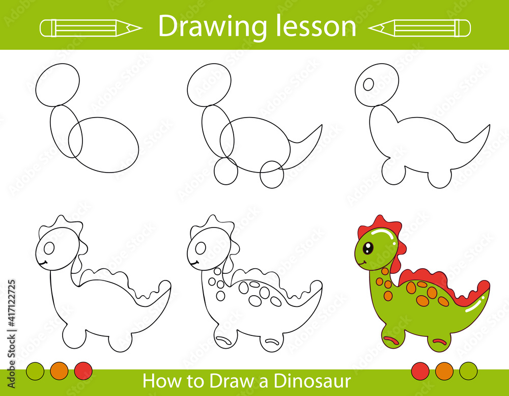 Drawing lesson for children. How draw a cartoon dinosaur. Drawing ...