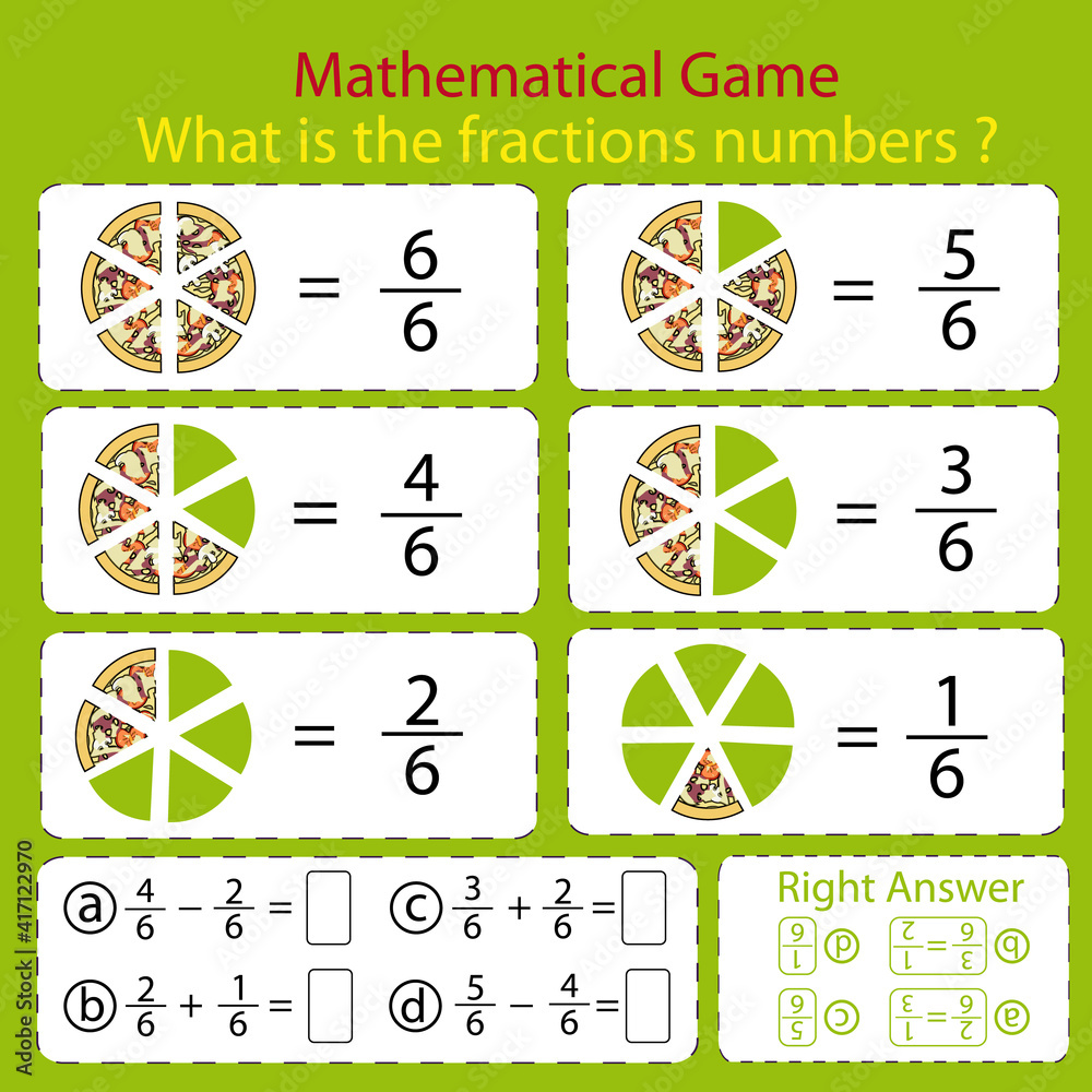 Education fraction game activity with pizza. Children book mathematics ...
