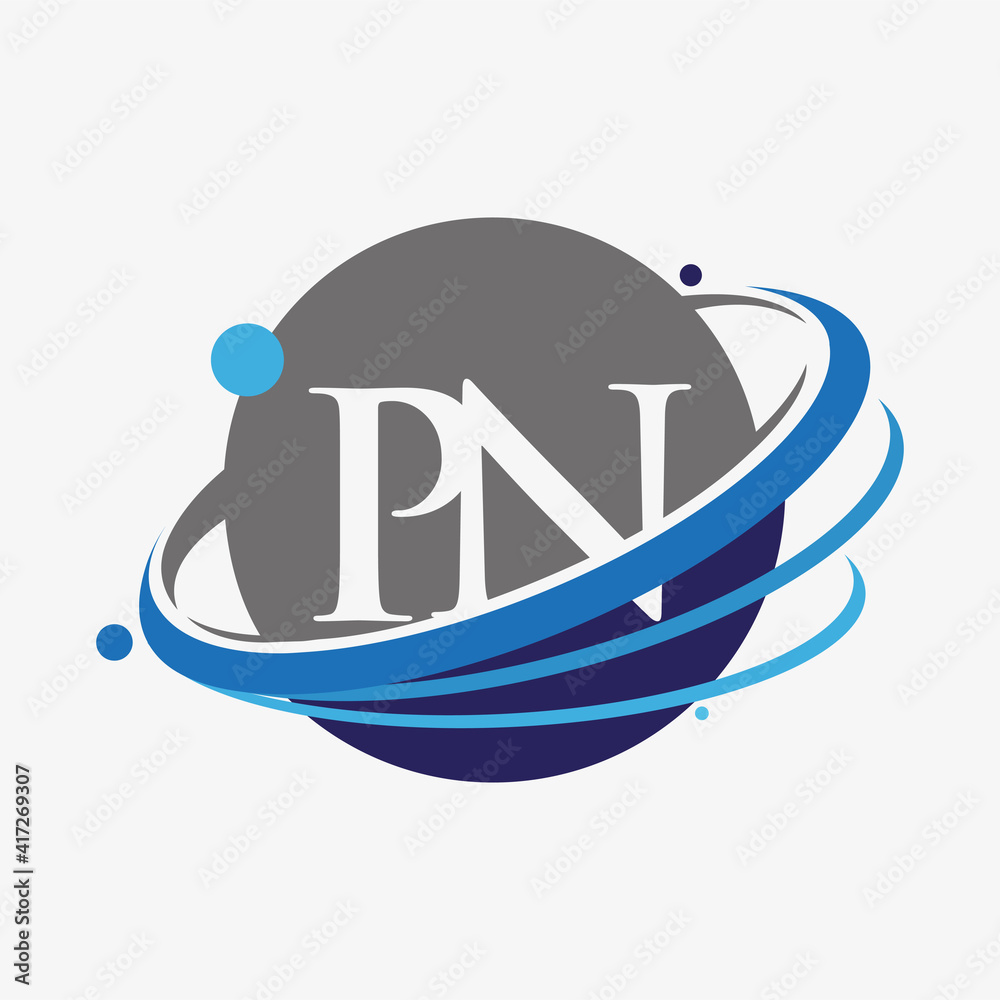 initial letter PN logotype company name colored blue and grey swoosh ...