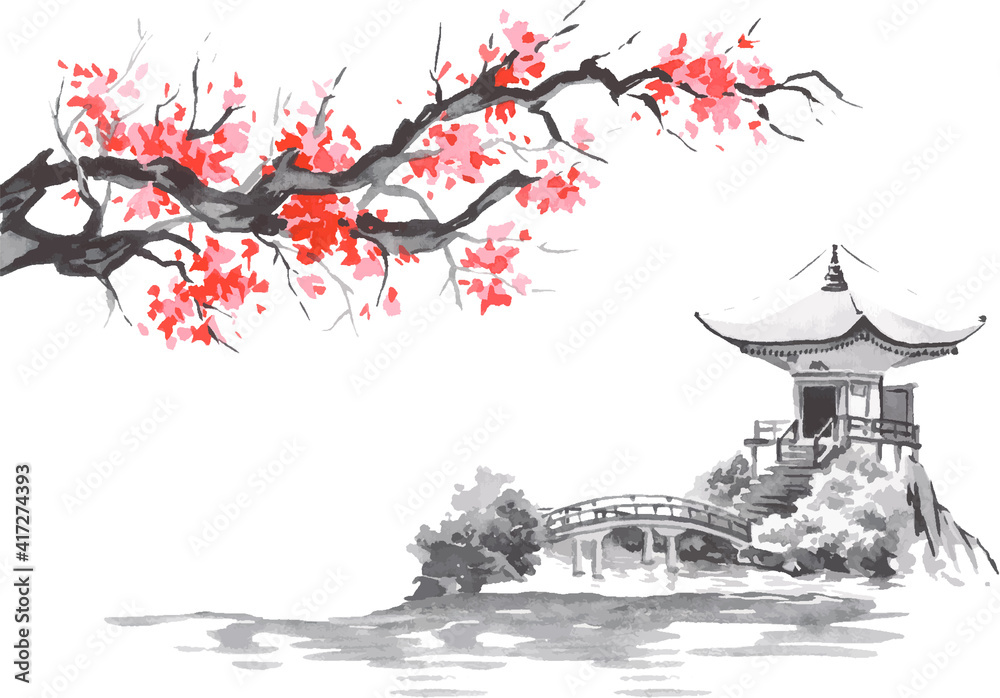 Japan traditional sumi-e painting. Fuji mountain, sakura, sunset. Japan ...