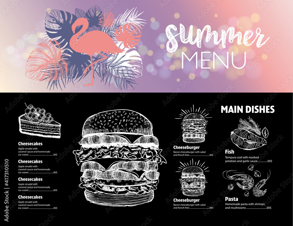 Summer menu. Restaurant food menu design, hand drawn illustrations ...