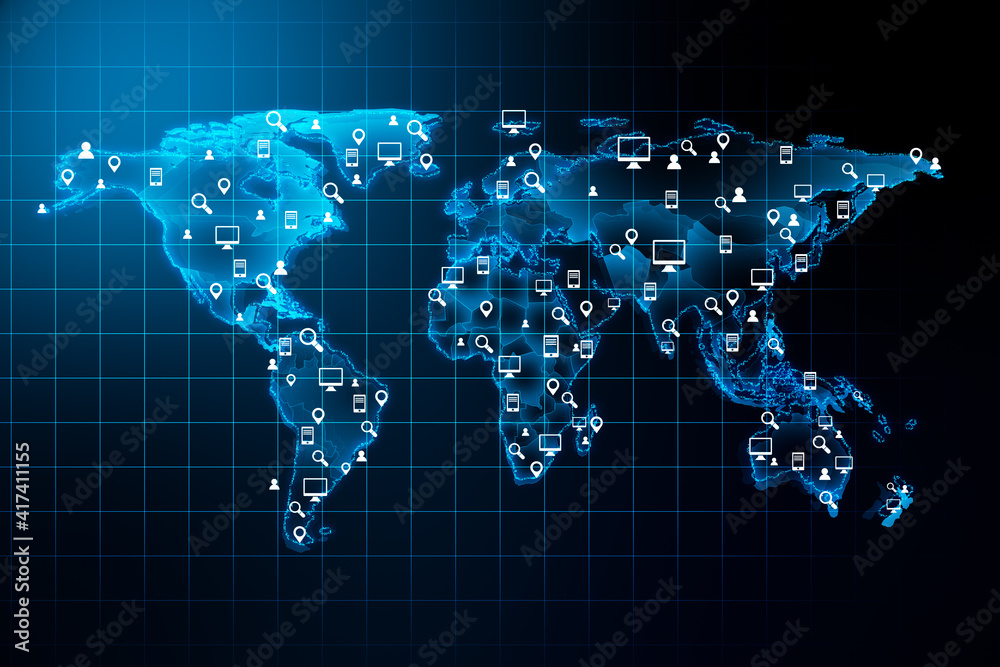 Social network technology concept with digital continents of the World ...
