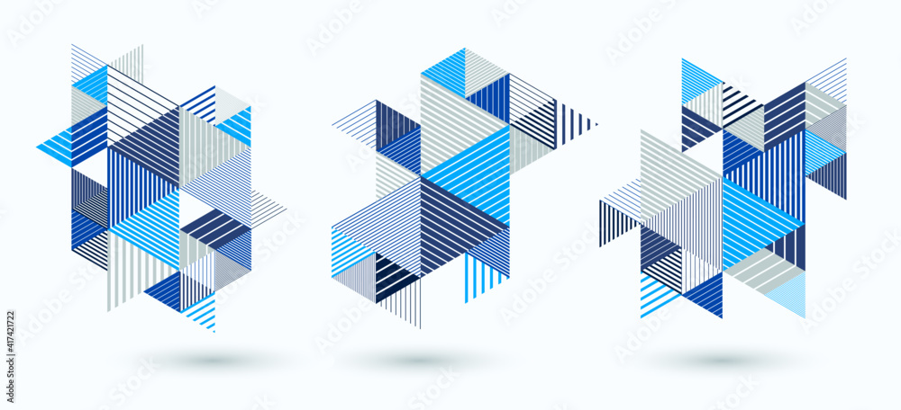 Line design 3D cubes and triangles abstract backgrounds set, polygonal ...