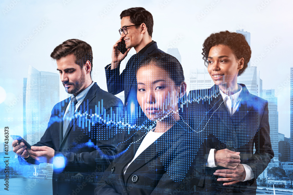 Group of business colleagues working on new venture capital and hi-tech ...