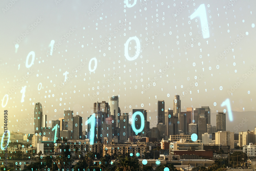 Foto de Stock Abstract virtual binary code sketch on Los Angeles office buildings background ...