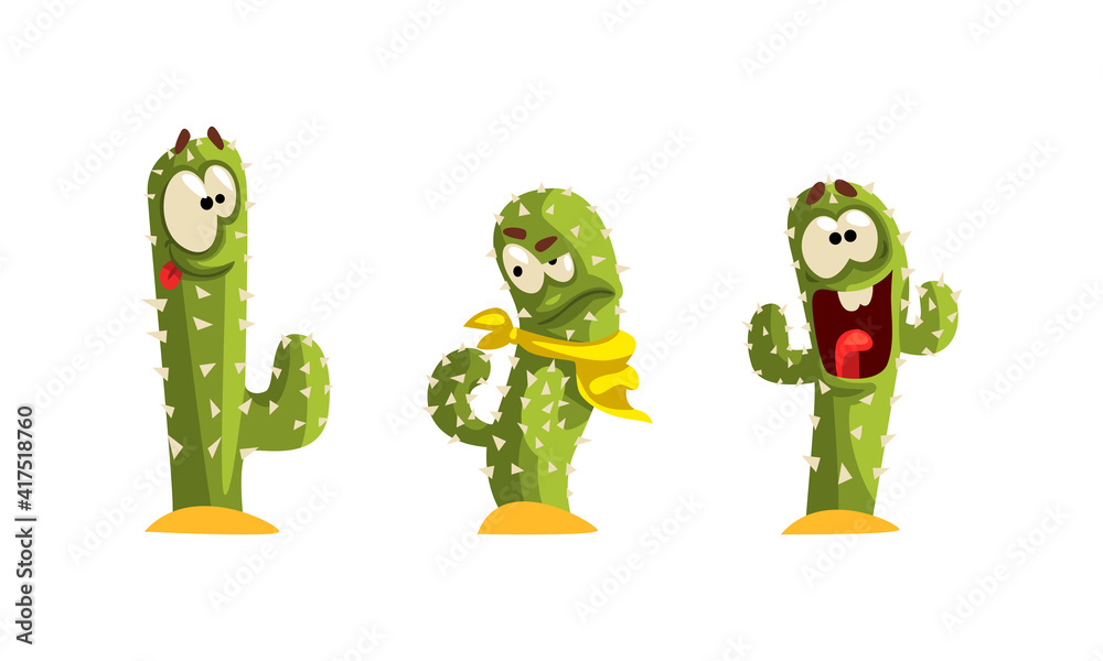 Green Cactus with Different Emotions Set, Funny Emojis Plant Characters ...