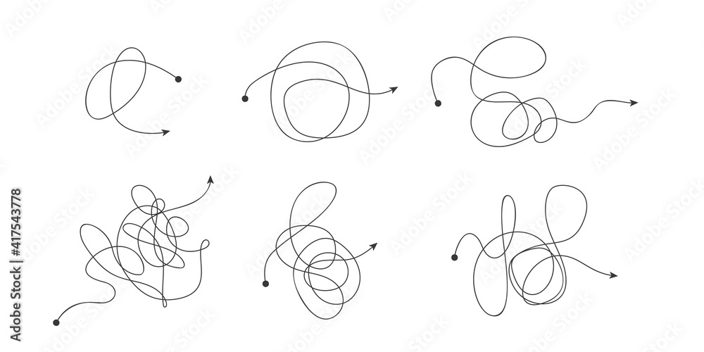 Tangled confused scribble line arrow set, Insane messy complicated clew ...