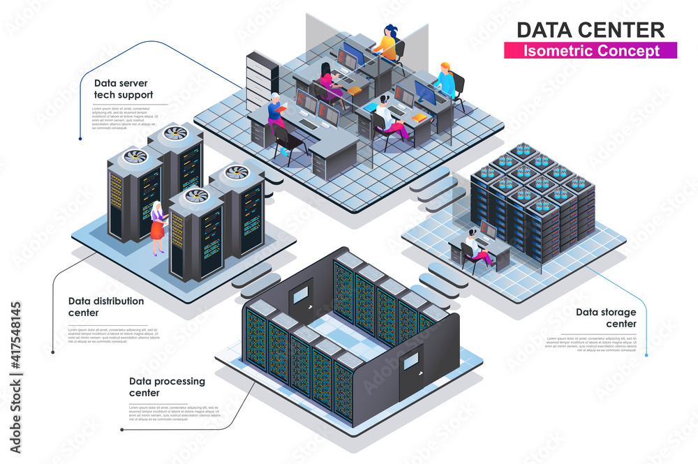 Data center interior isometric concept. Scenes of people characters ...