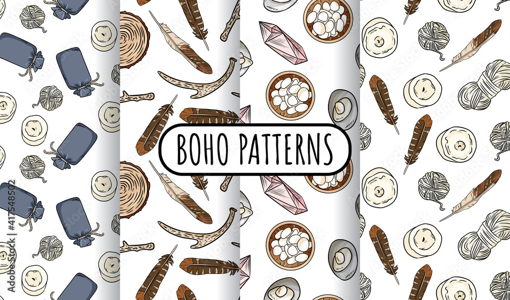 Set of bohemian seamless border patterns. Indigenous boho doodles ...