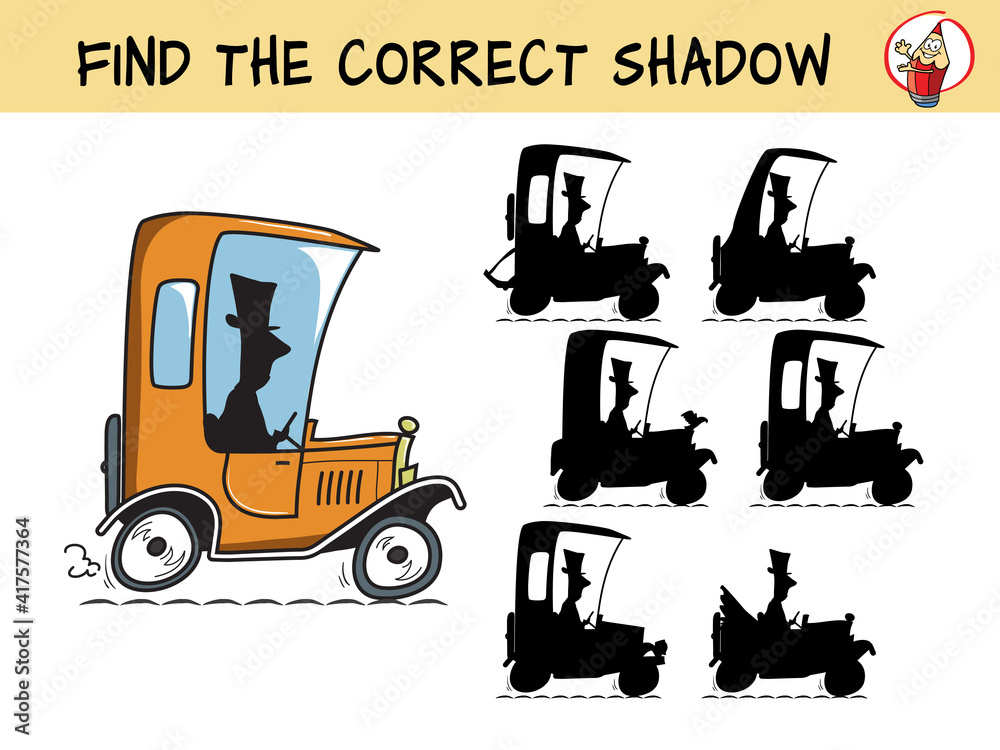 Funny retro car. Find the correct shadow. Educational matching game for ...