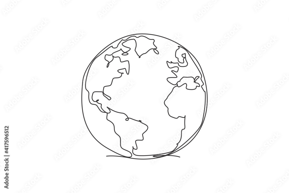 Single one line drawing of circle world map. Globe earth icon ...