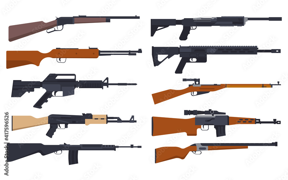 Rifle guns types, military and hunting weapon models, vector isolated ...