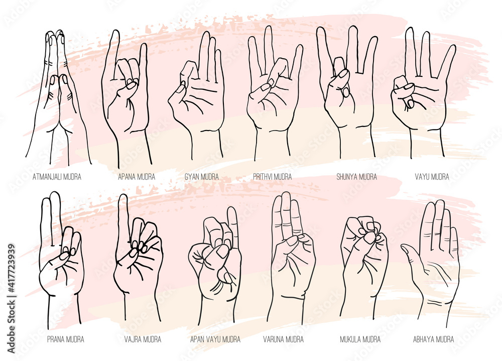 Hands in yoga mudra on abstract background. Yogic hand gesture. Vector ...