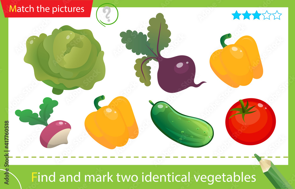 Stock-Vektorgrafik „Find and mark two identical items. Puzzle for kids ...