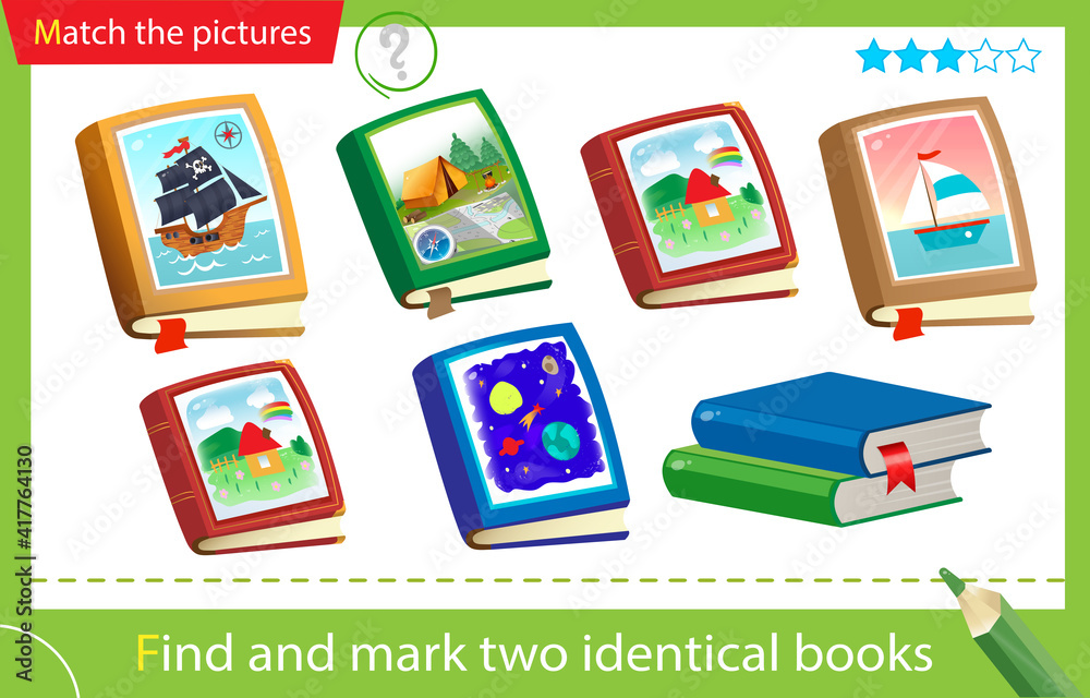Find and mark two identical items. Puzzle for kids. Matching game ...