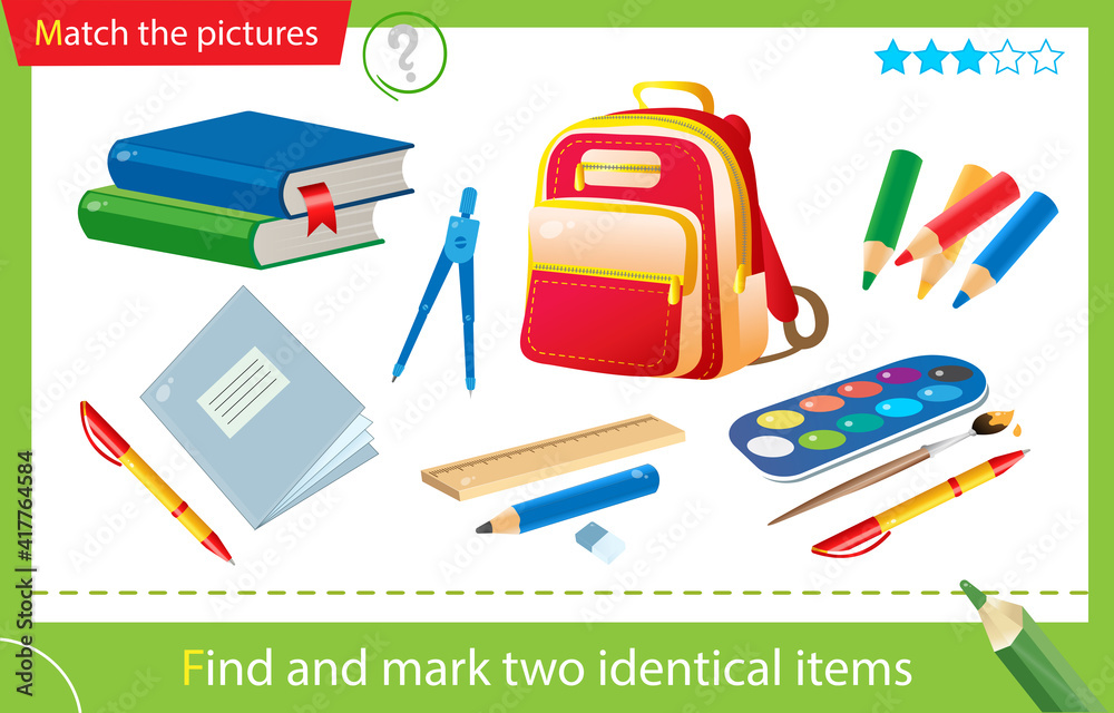 Find and mark two identical items. Puzzle for kids. Matching game ...