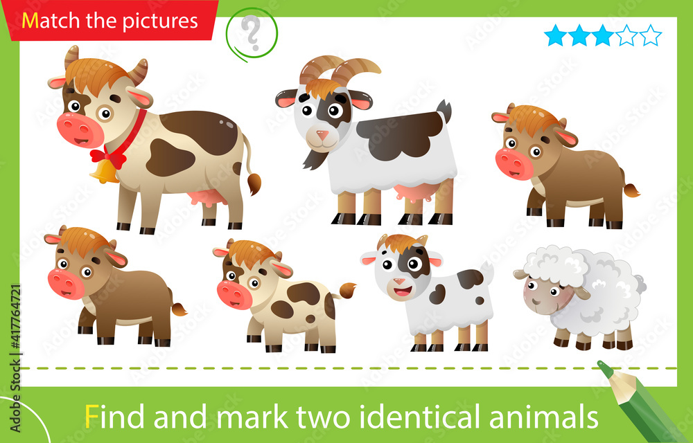 Vector de Stock Find and mark two identical animals. Puzzle for kids ...